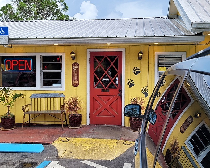 The entrance promises good times ahead – and that red door never lies.