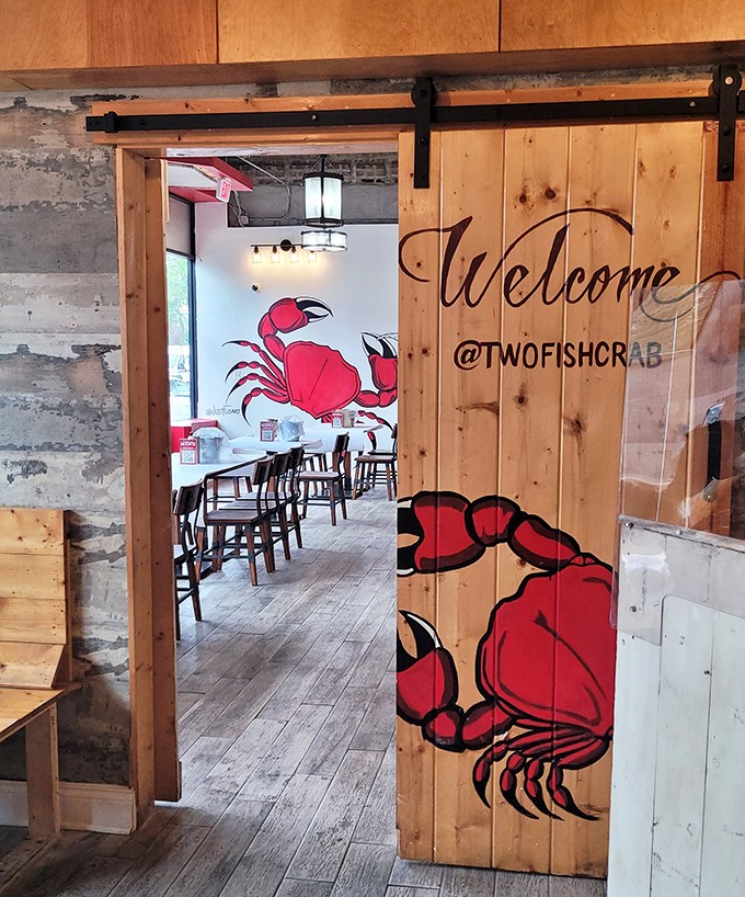 A sliding barn door entrance that says, "Welcome to the club." The secret password? "Extra garlic butter, please."