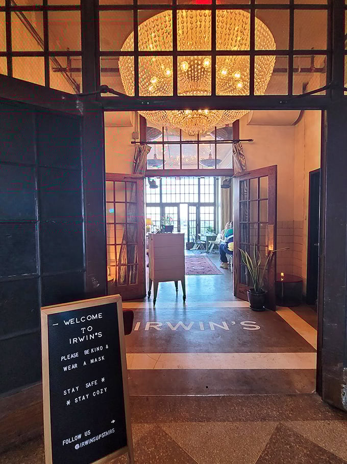 First impressions matter. Irwin's entrance, complete with crystal chandelier and welcoming signage, sets the stage for the culinary journey ahead.