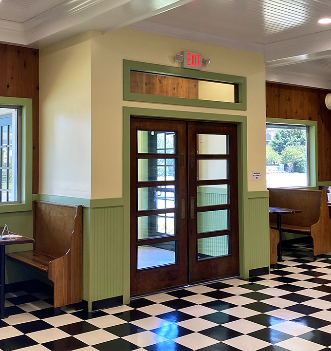 Wooden doors with green trim invite you into a world where calories don't count and chicken is king. Cross this threshold and leave your diet at the door.