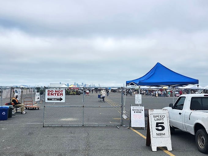 The entrance to wonderland, where "Do Not Enter" signs paradoxically welcome you to a world of vintage delights.