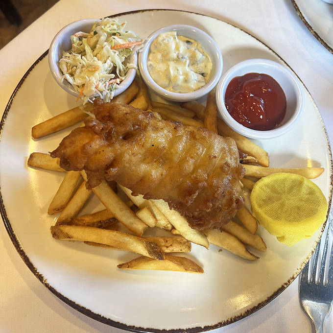Fish and chips that would make a British pub jealous&mdash;golden batter, flaky white fish, and fries that deserve their own fan mail.