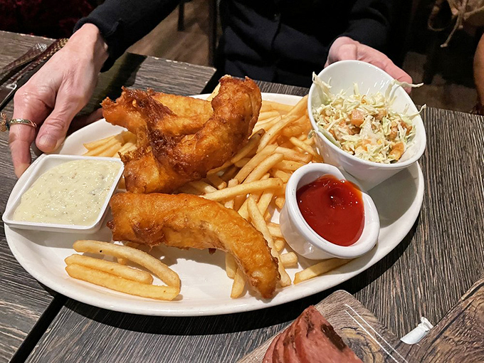 Fish and chips that would make a British pub proud&mdash;golden-battered cod with a crunch you can hear across the restaurant.