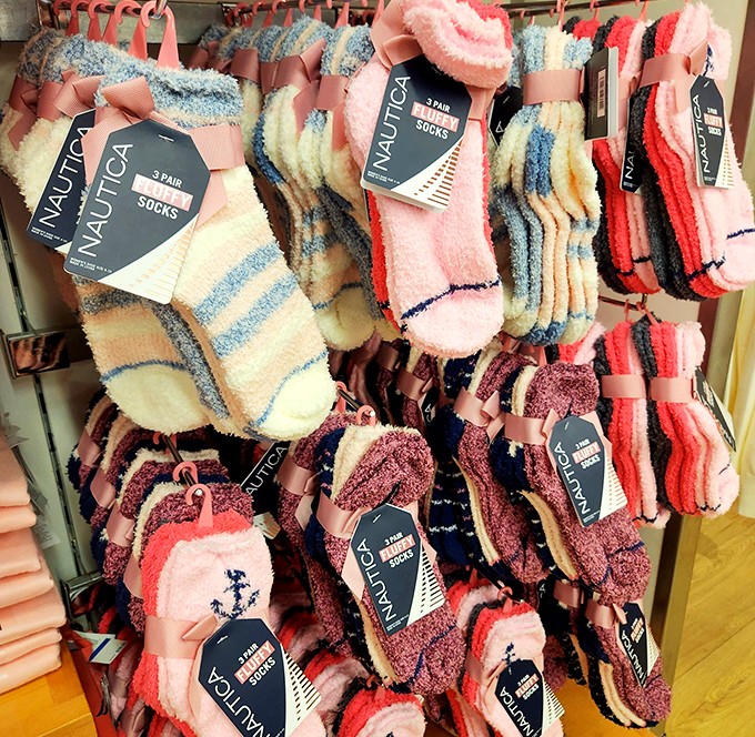 Cozy sock heaven where your feet can dream of better days. Fuzzy, striped comfort that makes you wonder why you ever wear anything else.