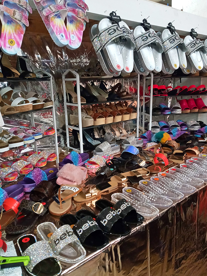Footwear fantasyland! From blinged-out slides to practical sandals, this collection proves that Cinderella would have had many more options at Super Flea.