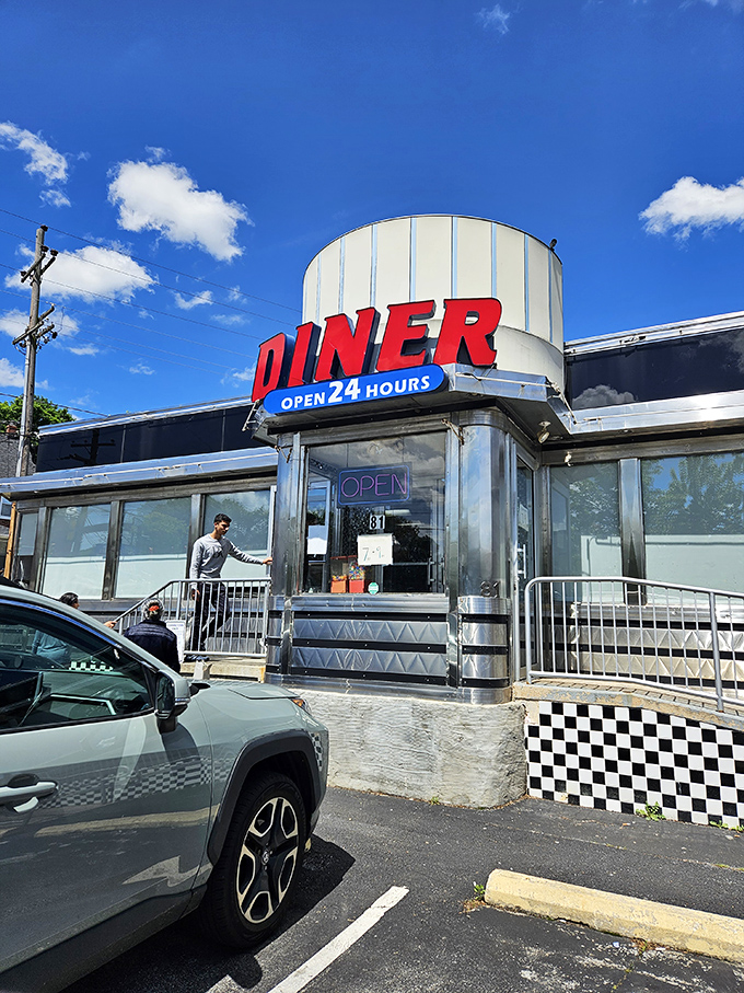 Daylight reveals the diner's true colors&mdash;a stainless steel time capsule where breakfast is always just minutes away, 24 hours a day.