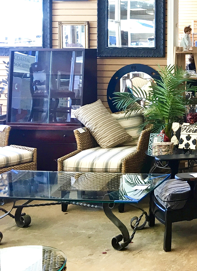 A living room vignette that whispers, "Imagine me in YOUR house." Coastal-chic furniture that brings resort vibes without the resort price tag.