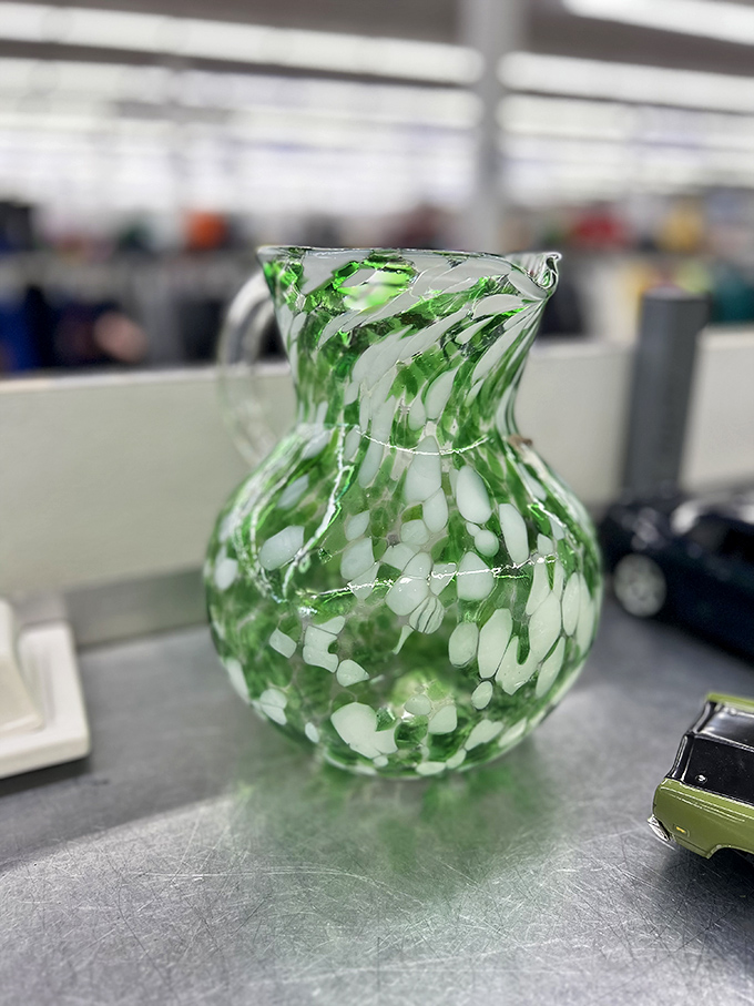 This hand-blown glass pitcher with its swirling green pattern would make even tap water look fancy. Mojitos, anyone?