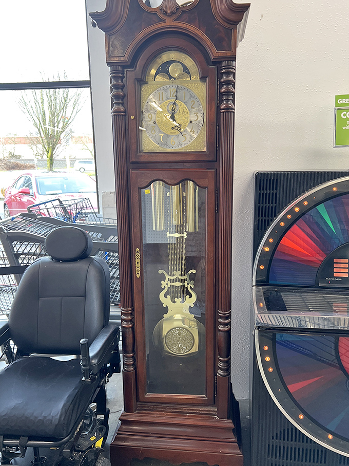 This grandfather clock stands tall among modern furniture&mdash;a stately timekeeper from another era, still ticking away the hours.