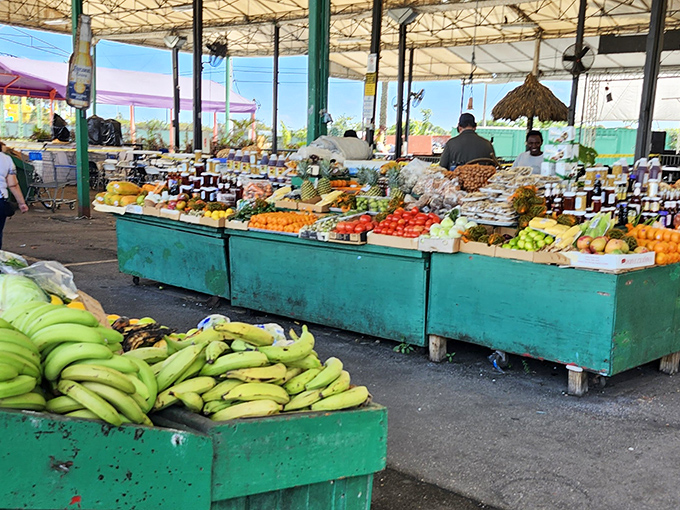 Bananas, mangoes, and a rainbow of produce create a tropical cornucopia that puts supermarket produce sections to shame.