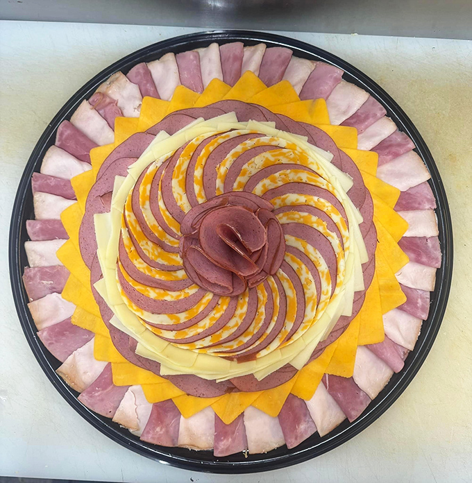 Meat and cheese arranged in a hypnotic spiral that would make even the most disciplined dieter weak at the knees.