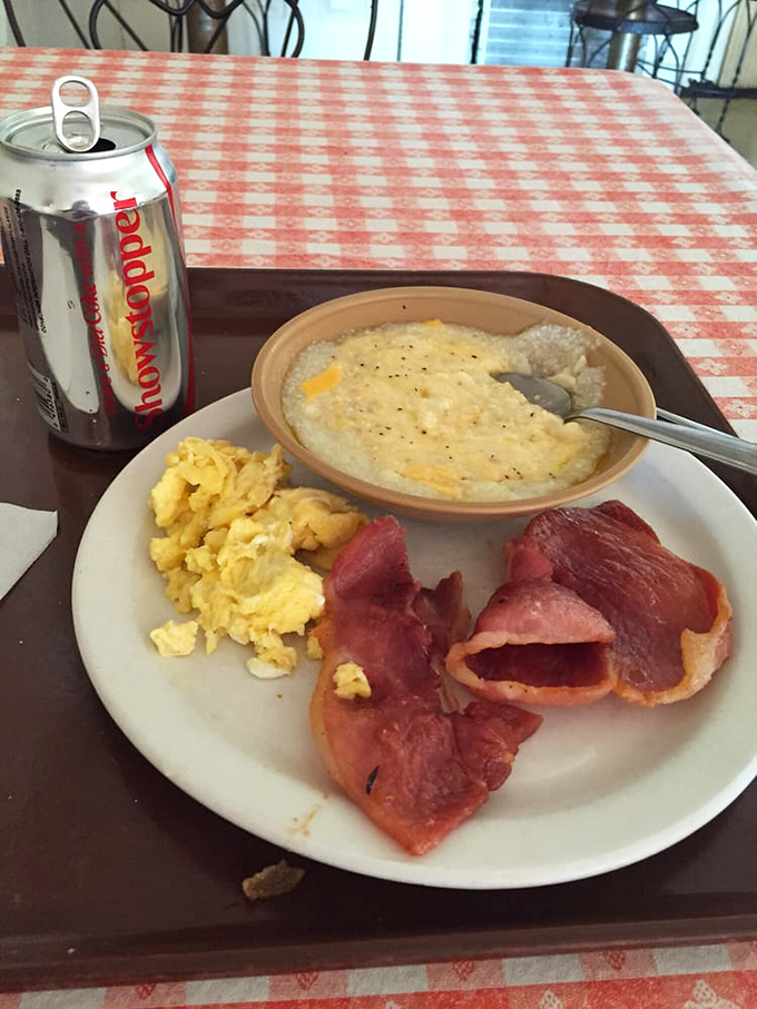 Breakfast of champions: country ham, scrambled eggs, and grits that would make any Northerner finally understand the appeal.
