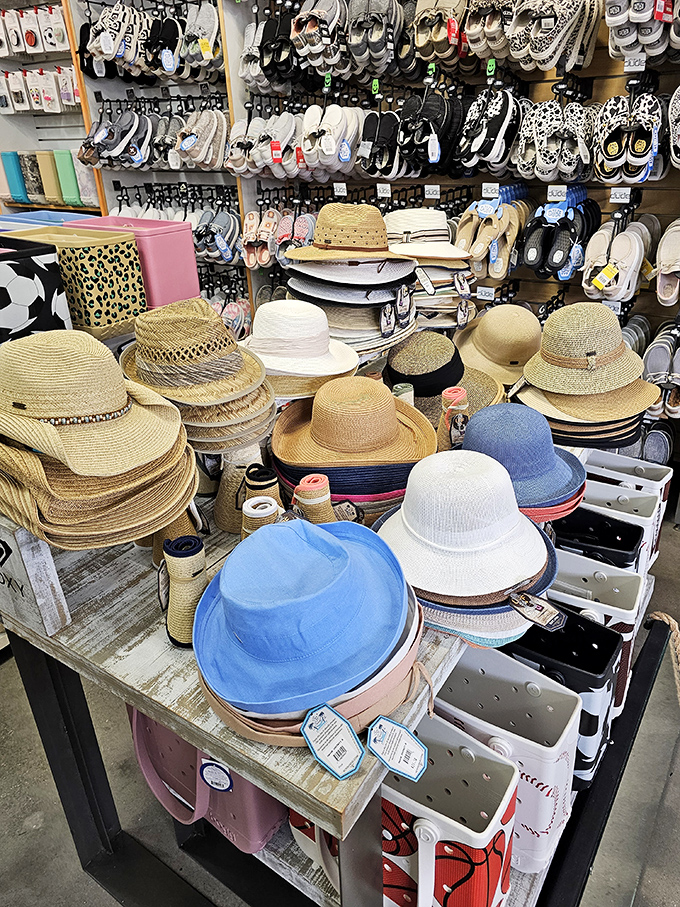 Hat heaven for beach-bound shoppers who forgot to pack sun protection. A sea of straw and fabric crowns waiting to shield you from both UV rays and fashion faux pas.