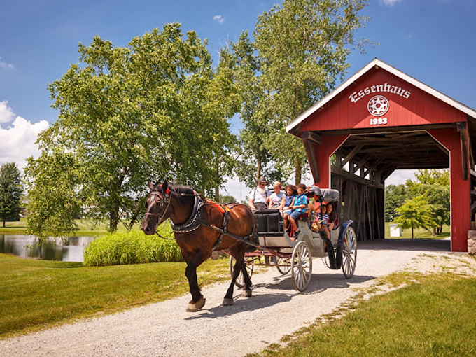 Horse-drawn carriage rides through a covered bridge offer a slice of Americana that feels both nostalgic and necessary in our high-speed world.