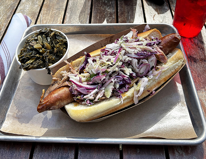 The Polish Girl sandwich&mdash;where kielbasa meets pulled pork in holy matrimony. That side of greens is just there for moral support.