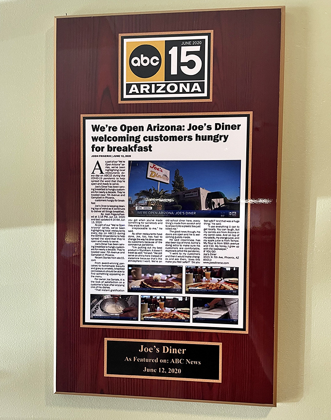 Local fame captured on the wall&mdash;proof that in a world of fleeting food trends, Joe's Diner has earned its place in Phoenix's culinary history.