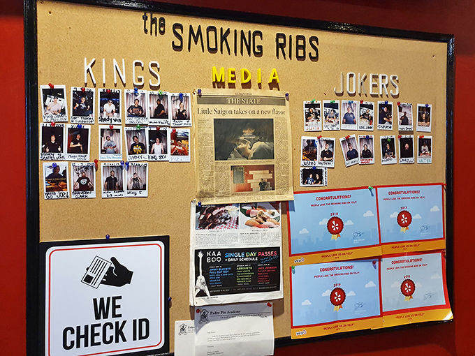 A wall of fame that tells stories of satisfied customers and media recognition. In the barbecue world, this is the equivalent of a Michelin star.