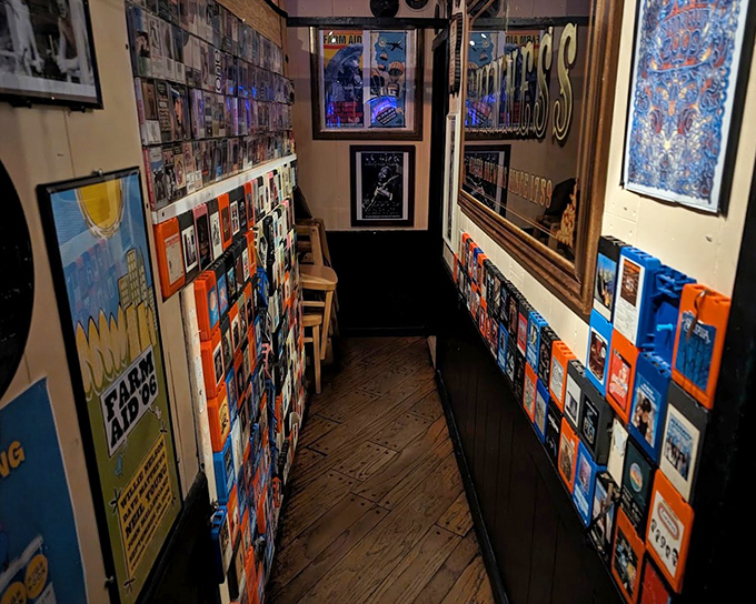 A hallway lined with vinyl that makes you wonder if the Beatles ever had ribs this good.