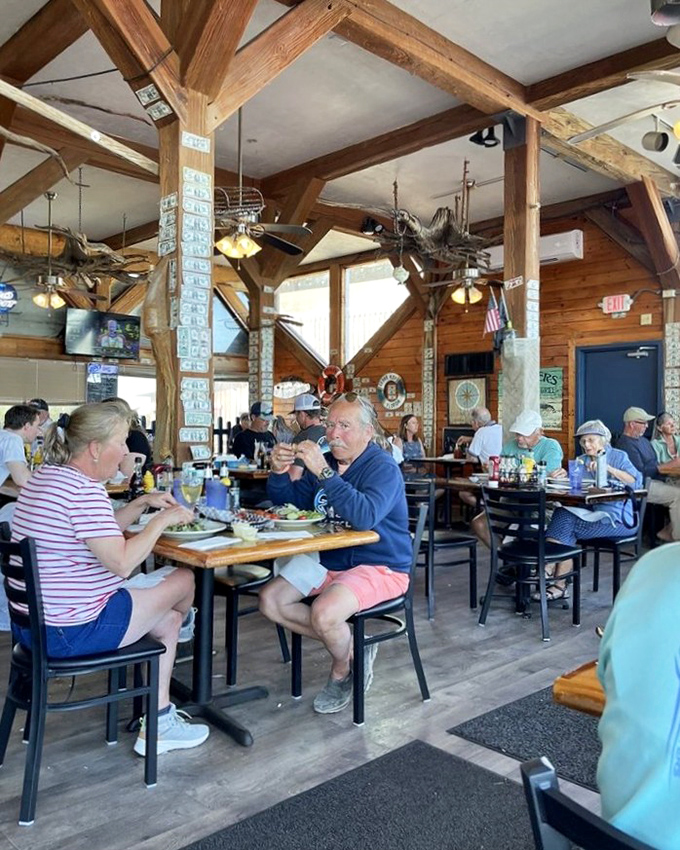 Exposed beams, natural light, and happy diners – the restaurant's rustic interior feels like dining in a particularly delicious fishing cabin.