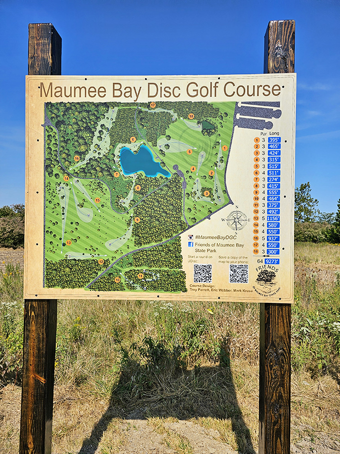 The disc golf course map reveals a challenging layout that winds through forests and around water features.