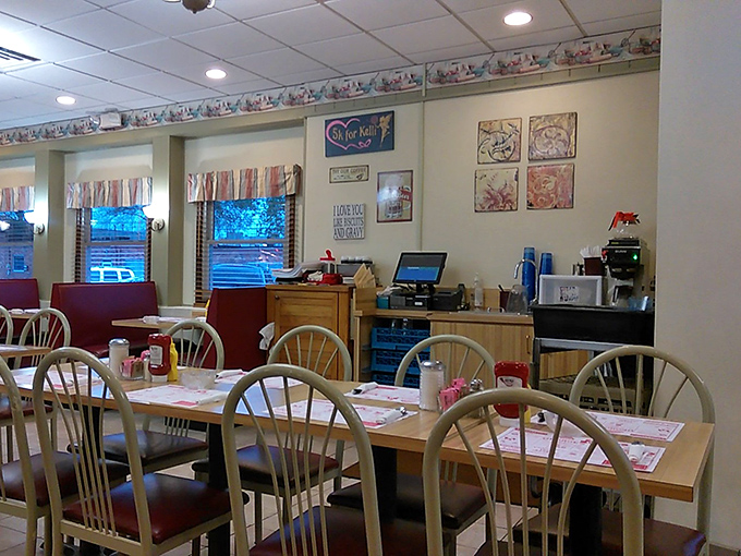 Simple wooden chairs and burgundy cushions invite you to settle in for a meal that tastes like someone's grandmother is in the kitchen.