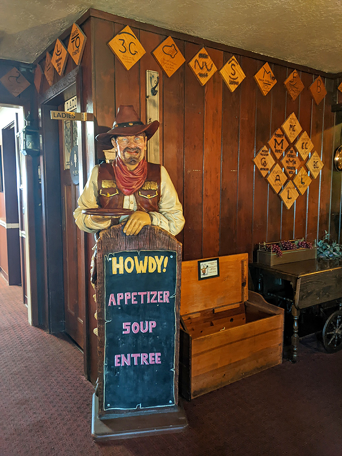 A cowboy greets you with today's specials, setting the Western stage perfectly.