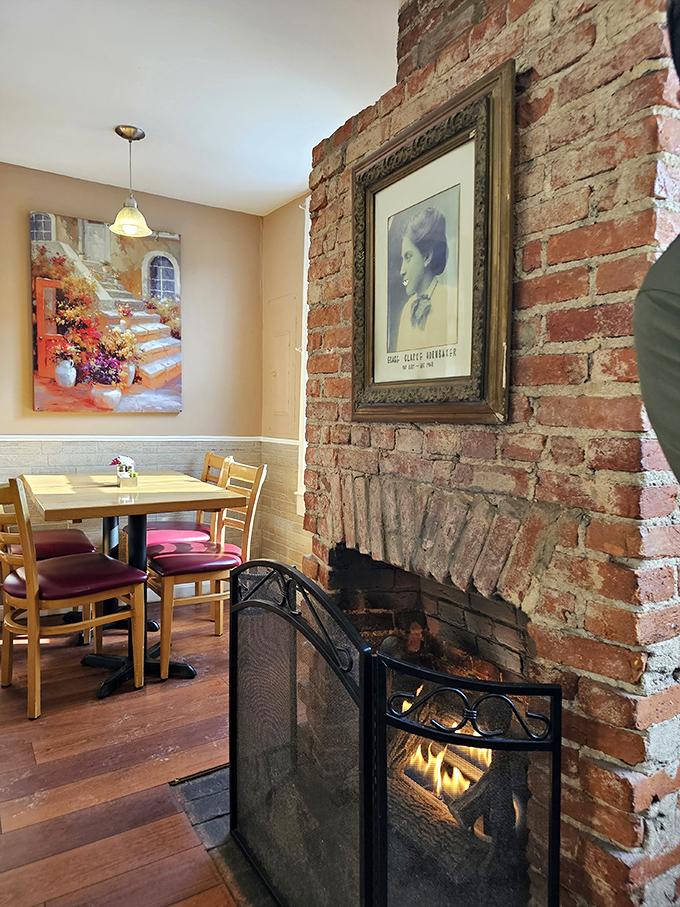 That exposed brick fireplace isn't just charming&mdash;it's telling stories of meals shared and memories made over decades of dining.