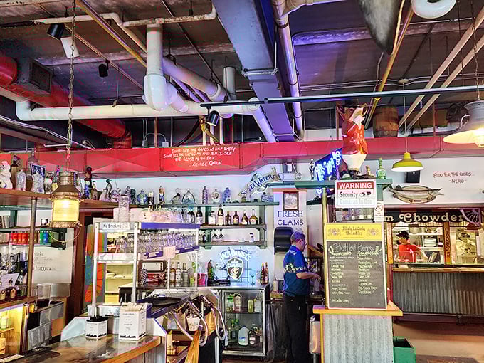 Where industrial meets nautical with exposed pipes and fresh seafood. It's like a ship's engine room decided to serve incredible food.