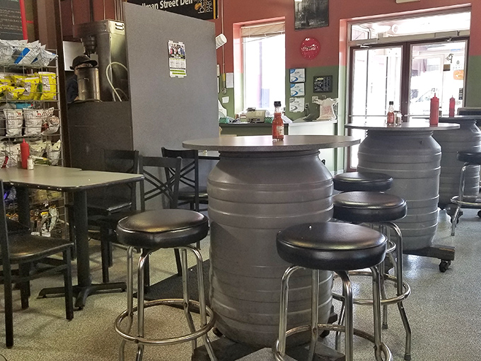 The barrel tables add that perfect touch of industrial chic. This is Pittsburgh after all &ndash; where practicality and charm have been dancing partners for generations.