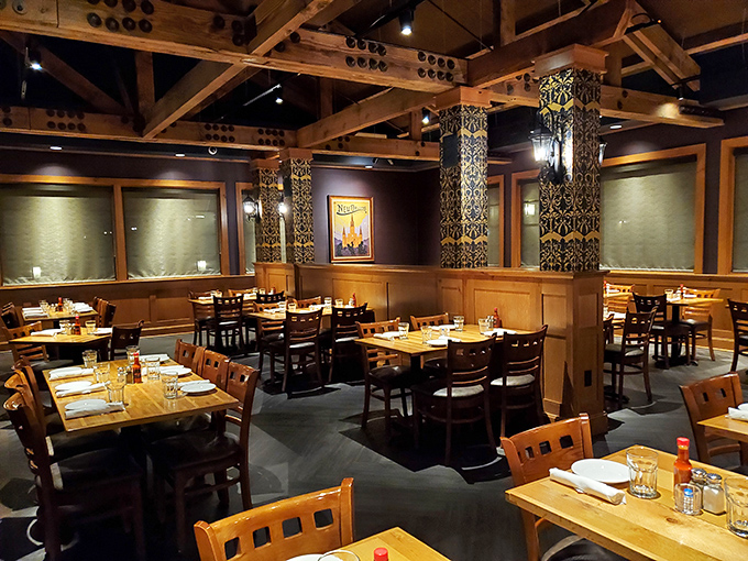 The dining room's exposed beams and warm lighting create the perfect setting for making important food decisions.