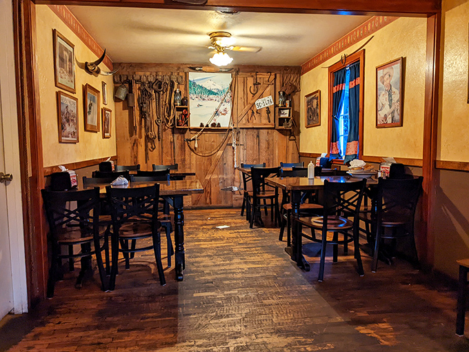 Western-themed dining room where cowboy artifacts and wooden accents transport you to a simpler time when dinner was an event.