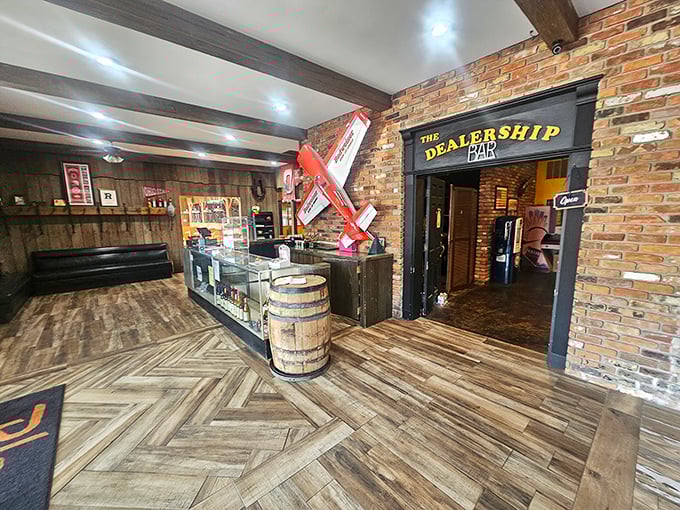 The Dealership Bar entrance beckons with rustic charm&mdash;proof that the best small-town restaurants always have unexpected surprises around every corner.