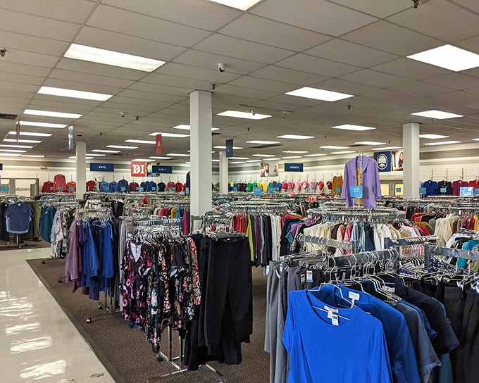 The expansive clothing department stretches as far as the eye can see. Color-coded organization makes finding your size and style surprisingly efficient.