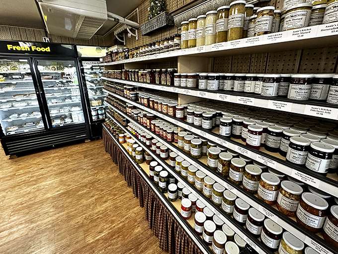 Shelves of preserves and jellies standing at attention like sweet soldiers, ready to rescue your morning toast from blandness.
