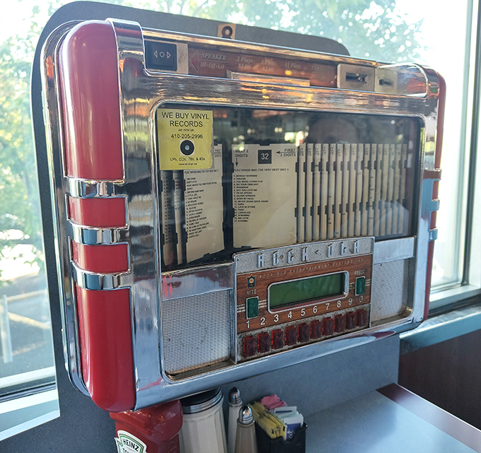 Vintage jukebox stands ready to soundtrack your breakfast with classic tunes that make every bite taste even better.
