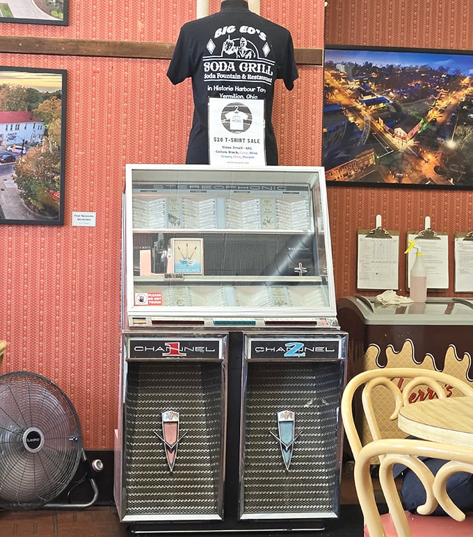 The vintage jukebox and t-shirt display&mdash;because some souvenirs can't be captured in a photo. Music and memories for sale. 