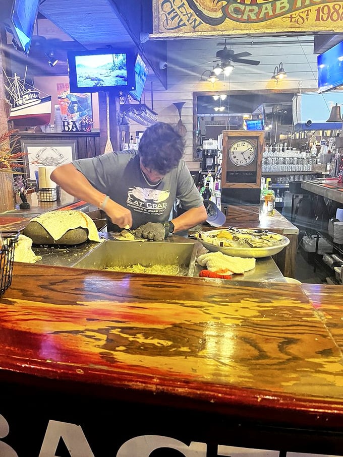 Behind every great seafood feast is someone wielding tools with the precision of a surgeon and the confidence of a conductor. Culinary artistry in action.