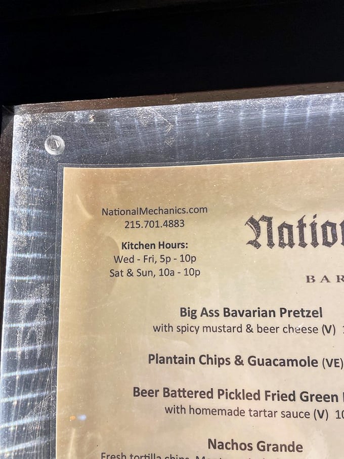 Time your visit right! The kitchen hours reveal when you can satisfy your craving for that "Big Ass Bavarian Pretzel"&mdash;worth planning your day around.