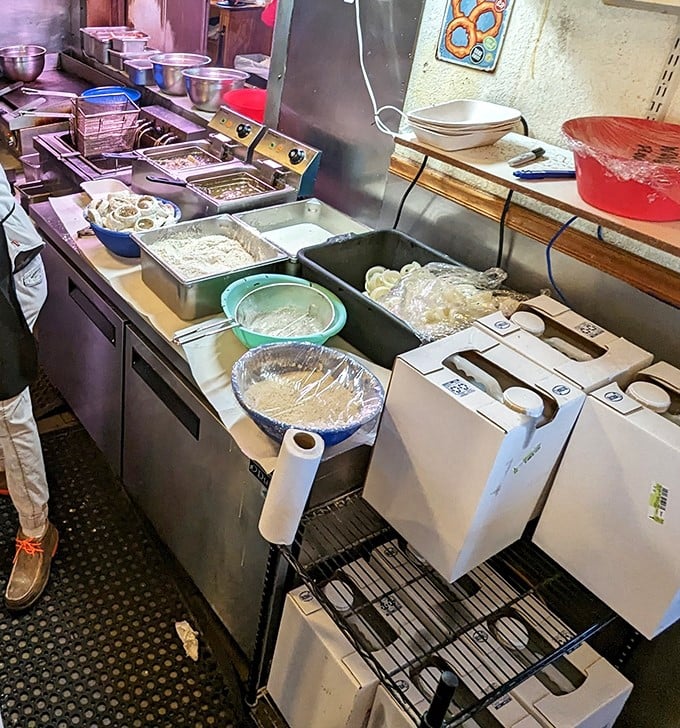 The battle station where fried avocados are born. No fancy equipment, just well-seasoned workspaces and the tools of the trade.