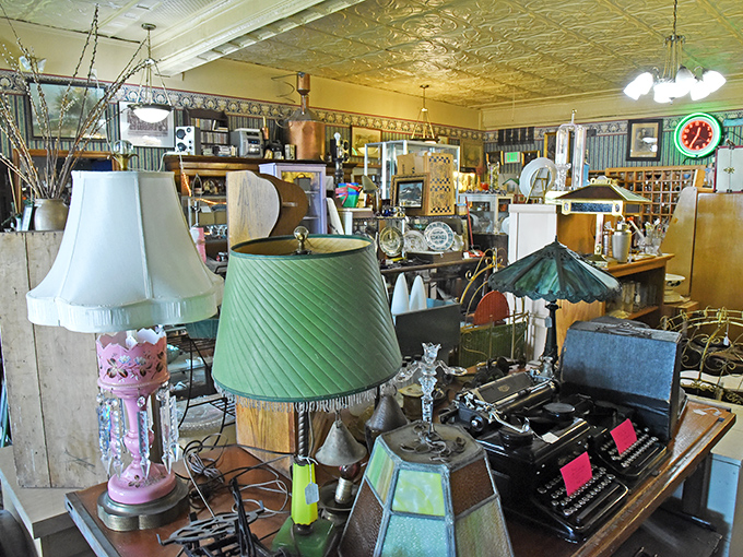 A forest of vintage lampshades towers over typewriters that once clacked out love letters, news stories, and grocery lists.