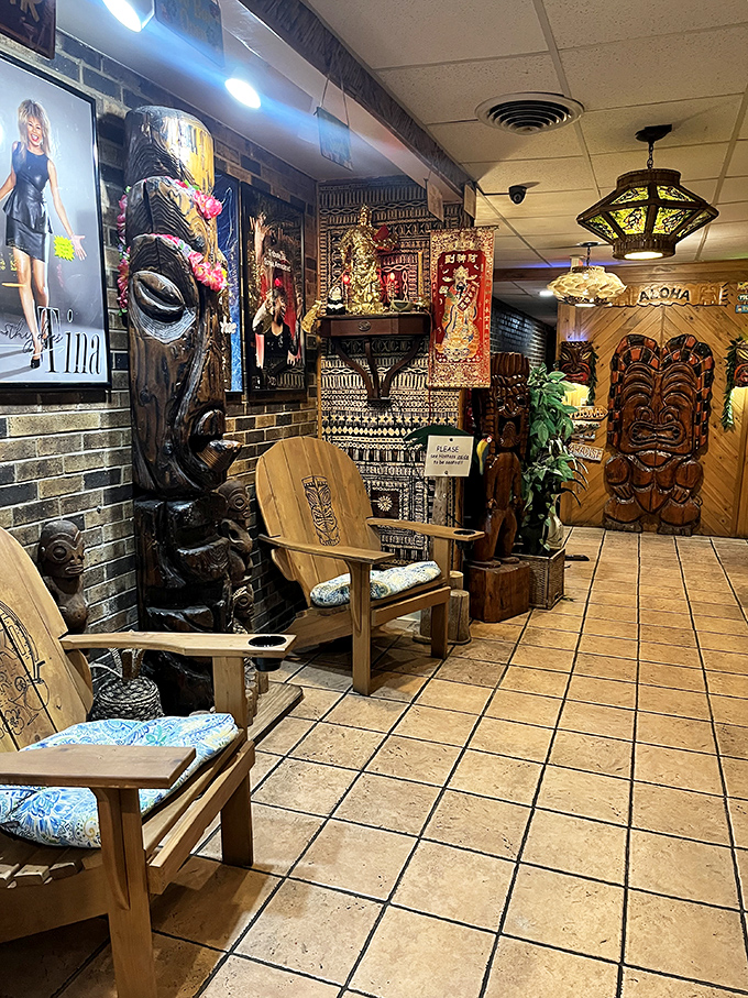 Tiki decor that predates the Pinterest era. Those wooden masks have seen things&mdash;mostly happy diners experiencing food comas, but still, they've seen things.