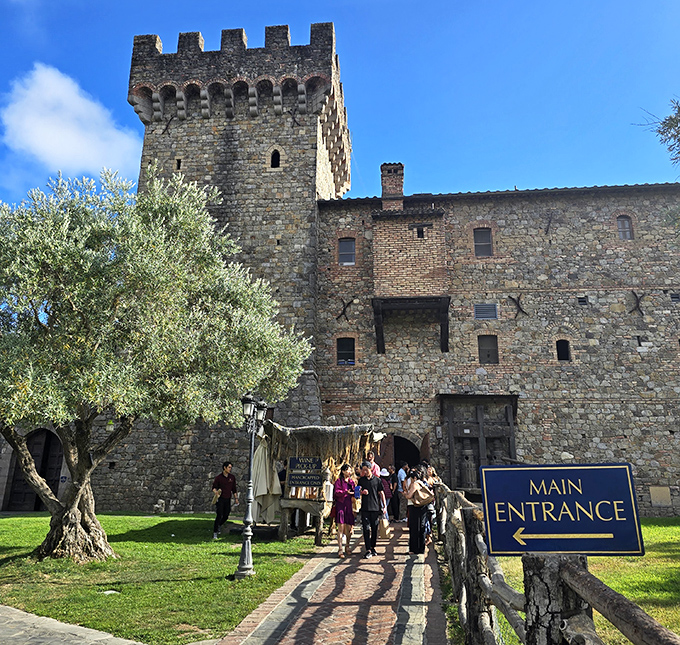 The main entrance promises adventures in wine and history. That ancient-looking door has welcomed fewer conquering armies than bachelorette parties and anniversary celebrations.
