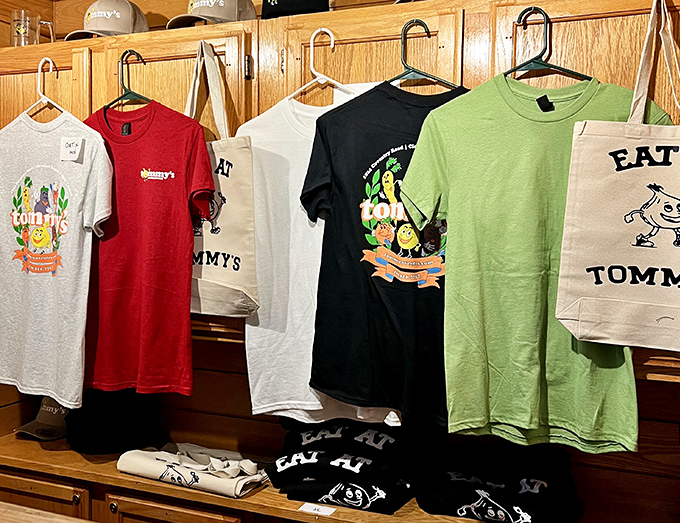 The merch wall proves Tommy's isn't just a restaurant&mdash;it's an identity worth wearing proudly around town.