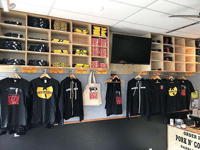 Merchandise wall &ndash; because sometimes wearing the t-shirt is the only way to prove to friends you've found barbecue nirvana.