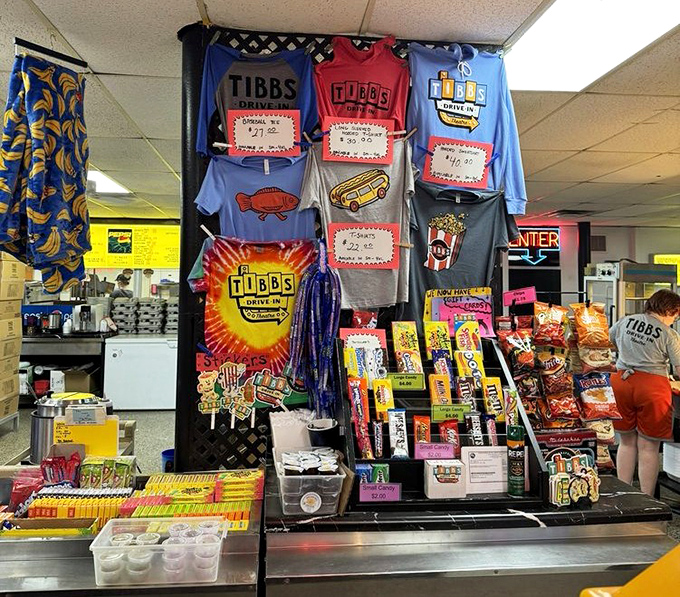 Tibbs merchandise lets you take the drive-in experience home. T-shirts, candy, and souvenirs&mdash;proof you've joined the drive-in faithful.