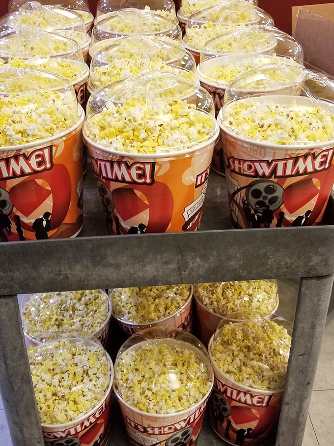 Popcorn perfection awaits in these "SHOWTIME" buckets&mdash;the essential companion for any cinematic journey under the stars.