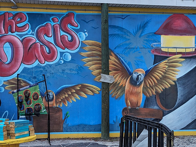 A parrot mural that's more Miami Vice than Jimmy Buffett, adding tropical flair without the squawking.