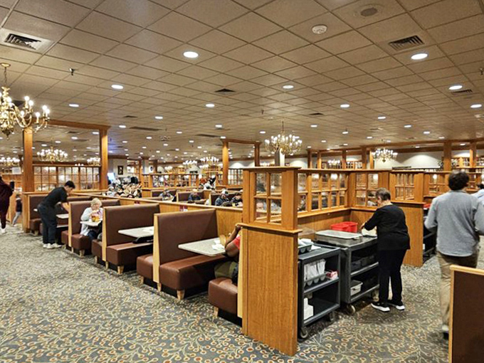 Booth seating designed for the perfect buffet strategy: close enough to the food for quick refills, comfortable enough for the inevitable food coma.