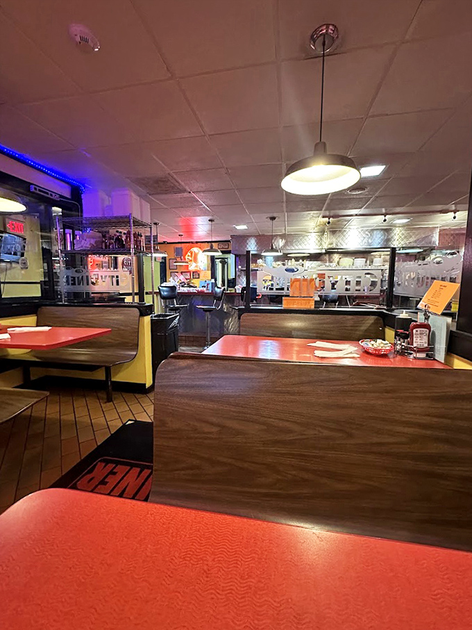 Evening light transforms the diner into a cozy refuge where breakfast for dinner isn't just allowed&mdash;it's encouraged.