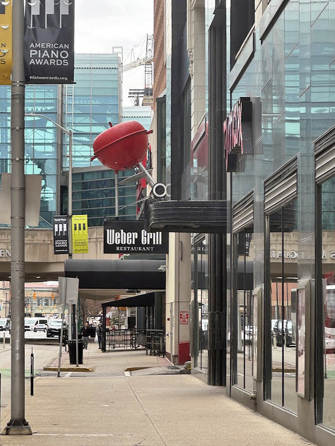 Even from the street, Weber's iconic signage and that giant red kettle grill announce: "Yes, we're serious about grilling."